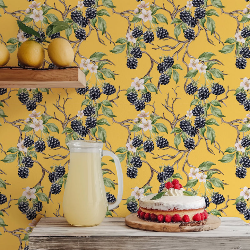Bramble and Blossom Yellow Blackberry Wallpaper | Botanical Blackberry ...